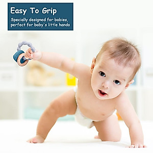 Vicloon Baby Teether Toys, Silicone & Natural Wood Teether Ring, Baby Teething Toys for Babies 3 Months+, Silicone Chewable Rings for Newborn Gift（Blue）