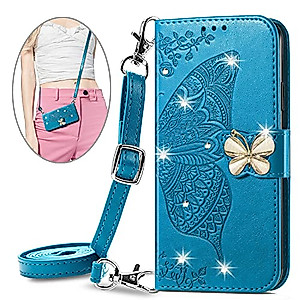 ONV Wallet Case for Oppo A53 2020-1.5M Adjustable Strap Emboss Butterfly Flip Phone Case Card Slot Magnet Leather Shell Flip Stand Cover for Oppo A53 2020 [ZS] -Blue