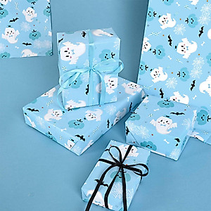 12 Sheets Halloween Wrapping Paper Blue Ghost Pumpkin Bat Printed Gift Wrap Paper Folded Flat Art Decorative Paper for Happy Boo Day Gifts Wrapping Baby Shower DIY Crafts, 19.7 x 27.5 inch