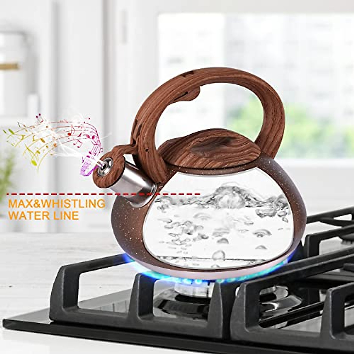 Tea Kettle, 2.5 Liter Loud Stovetop Whistling Teakettle with Cool Grip Ergonomic Handle Food Grade Stainless Steel Teapot for Tea, Coffee, Milk Marbling Brown