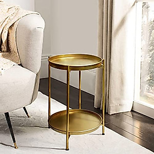 The Urban Port 20-Inch High Round Side End Table with 2-Tier Iron Frame, Matte Gold