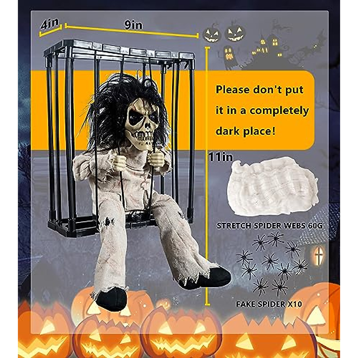 Skeleton Animated Halloween Decorations, Screaming Halloween Decor with Motion Activated & Light Sensor, Spooky Prisoner Cage with Spider Web Haunted House Decorations by CRILEAL, Ghost with Long-hair