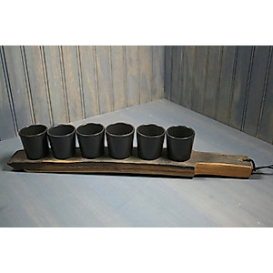 WHISKEY BARREL SHOT PADDLE WITH BLACK CERAMIC SHOT GLASSES - Black Ceramic shot glasses with a reclaimed whiskey barrel shot paddle and leather handle, 6 shot glasses/sake cups included