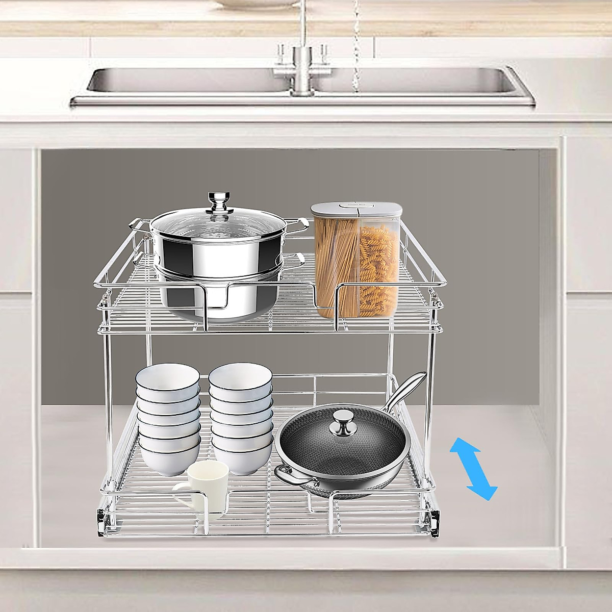 Sink Organizer and Storage,Multi-Purpose Cabinet Organizer,2-Tier Cabinet Pull Out Shelves,Pull Out Cabinet Organizer,Kitchen Helper,for Bathroom,Laundry Room,Kitchen,Pantry(Silver,21.5*19.5*15in)