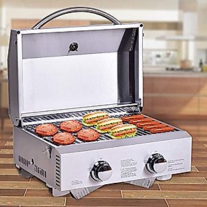 Outdoor Kitchen Camping Backyard Cooking 2 Burner Portable Durable Stainless Steel BBQ Barbecue Picnic Silver Table Top Grill Foldable Leg Lockable Lid Built-In Thermometer Easy Storage Transport