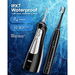 Water Dental Flosser with Electric Toothbrush Combo, Cordless Water Flosser for Teeth, Gums, Braces Care, with 6 Modes & 3 Sonic Modes, Oral Care Kit with 4 Brush Heads & 4 Jet Tips, IPX7 Waterproof