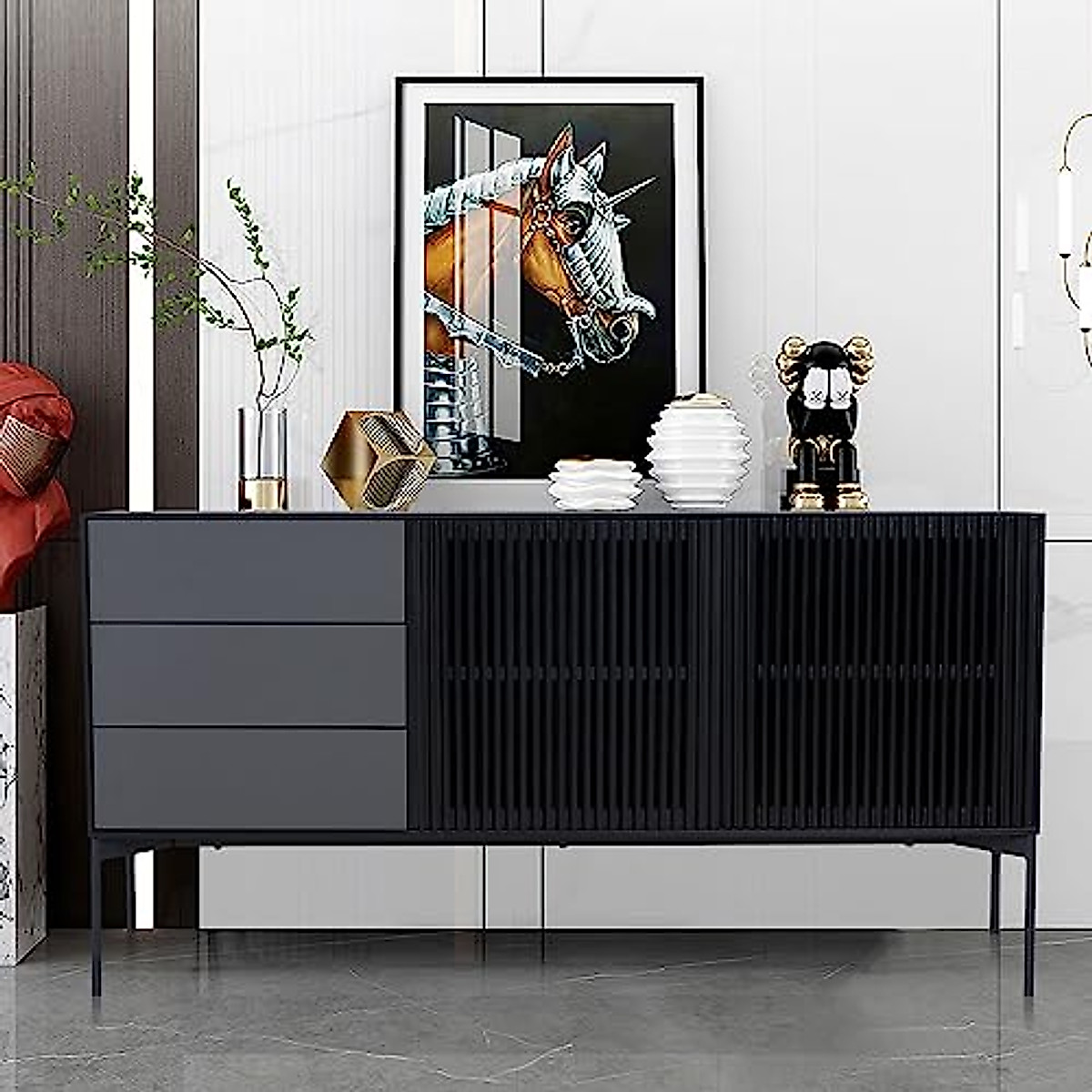 WILLIAMSPACE 62.4" Mid-Century Wood Cabinet Buffet Sideboard with 3 Drawers & 2 Solid Wood Louvered Doors & 4 Storages, Floor Storage Cabinet, Side Standing Cupboard - Matte Black & Grey
