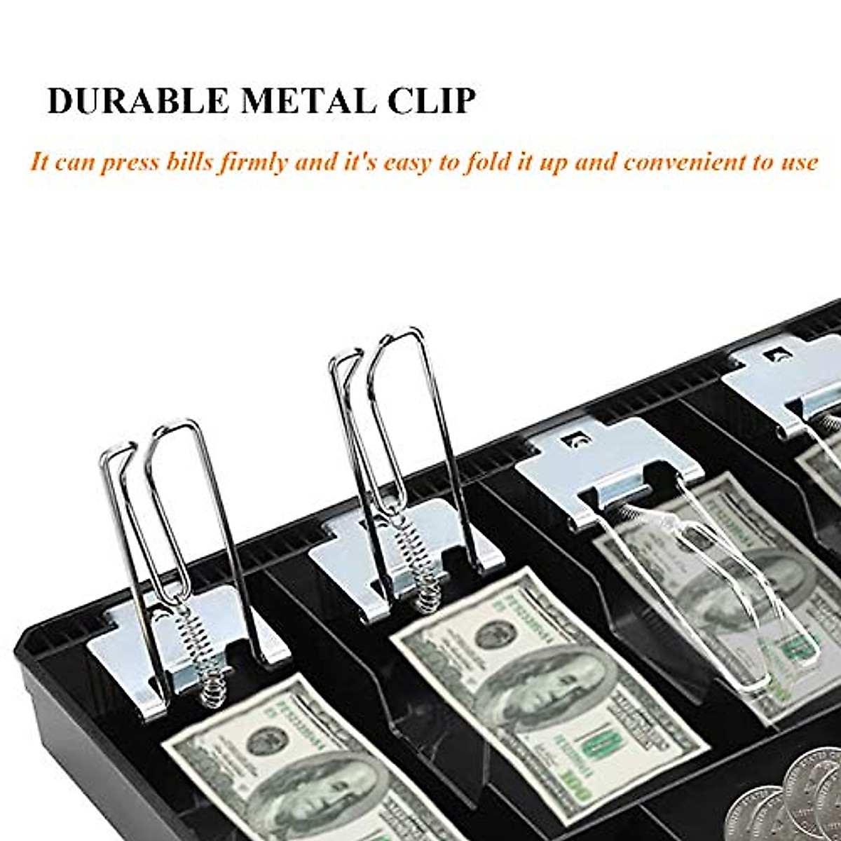 Money Tray Cash Register Drawer Insert Tray Portable Currency Till Replacement Money Organizer Storage Box with 5 Bills 4 Coins Compartments (5 Bills 4 Coins Metal Clip)