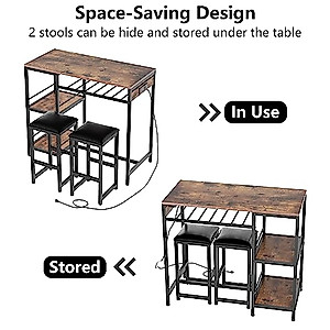 Gyfimoie Bar Table and Chairs Set with Power Outlet, Pub Table and Chairs Set for 2 with 2 Storage Shelves, 3 Piece Table Set with Wine Rack & Glass Holder for Living Room, Dining Room, Small Apt