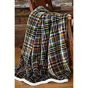 Carstens Orange Sage Striped Plaid Sherpa Throw Blanket 54" x 68"