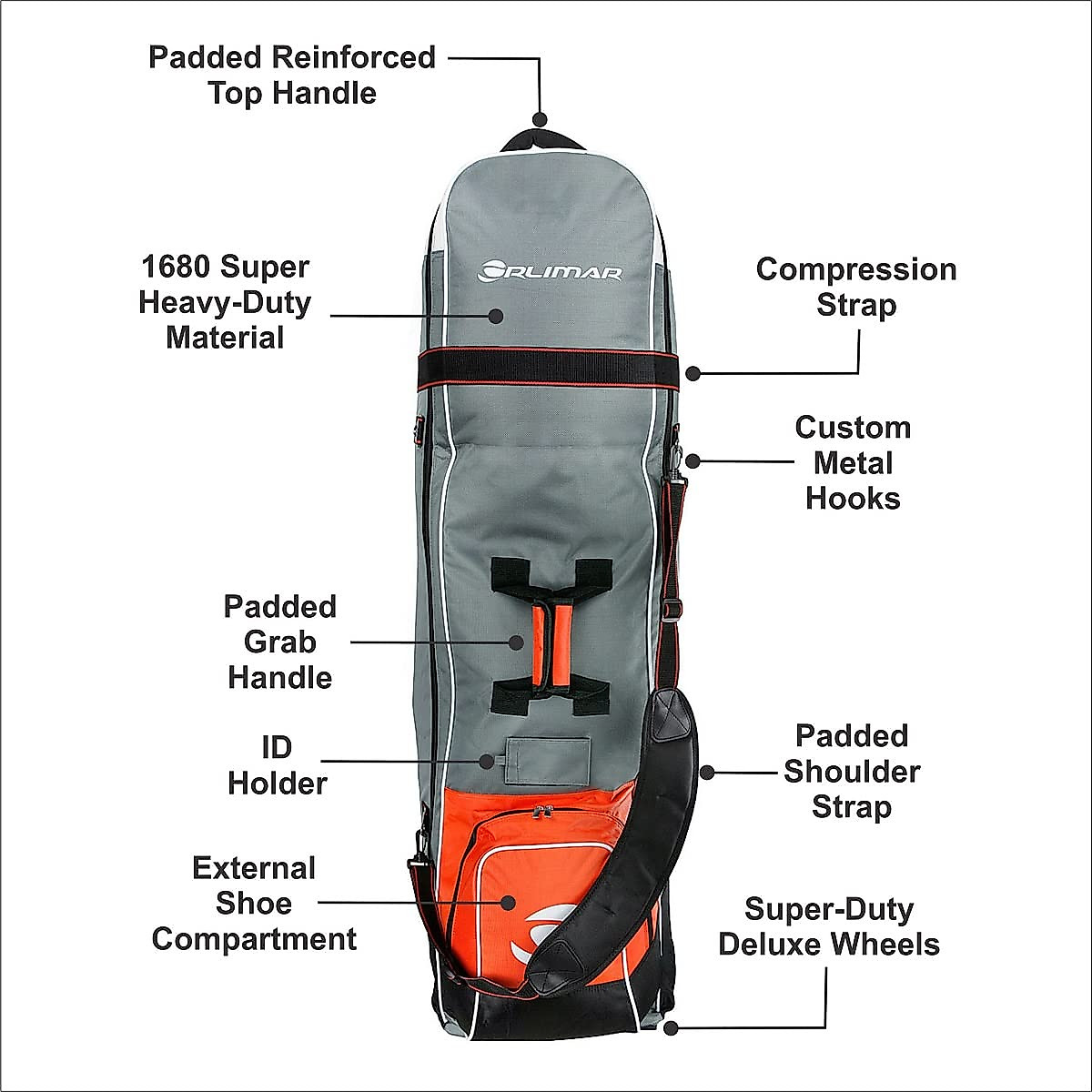 Orlimar 1680D Super Duty Deluxe Wheeled Golf Travel Cover,Gray/Red/Black,48" x 14"