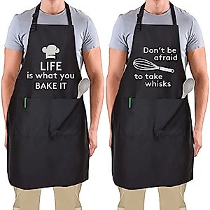 Zulay (2-Pack) Funny Aprons For Women, Men & Couples - Adjustable Universal Fit Cooking Apron - Black Apron With Pockets For BBQ, Baking, Painting, Wedding Gift & More - (Funny Cooking Puns)