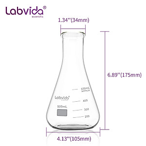 Labvida 4pcs of Vol.500ml Narrow Mouth Glass Erlenmeyer Flasks,3.3 Borocilicate with Printed Graduation, LVC004