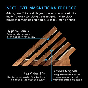 Messermeister Next Level Magnetic Knife Block, Acacia - Modern, Ventilated & Lighted with UV LEDs - Holds 16 Knives or Steels & Scissors - 12"w x 9"h x 5"d
