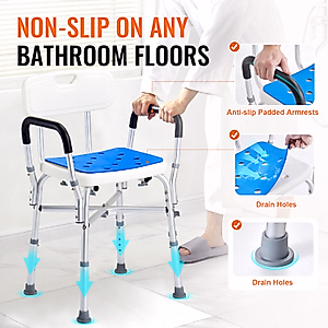 Shower Chair Seat, 400 lbs Capacity, Shower Stool with Crossing Bar, Padded Armrests and Back, Shower Chair for Inside Shower Bathtub, Adjustable Height Bench Bath Chair for Elderly Disabled