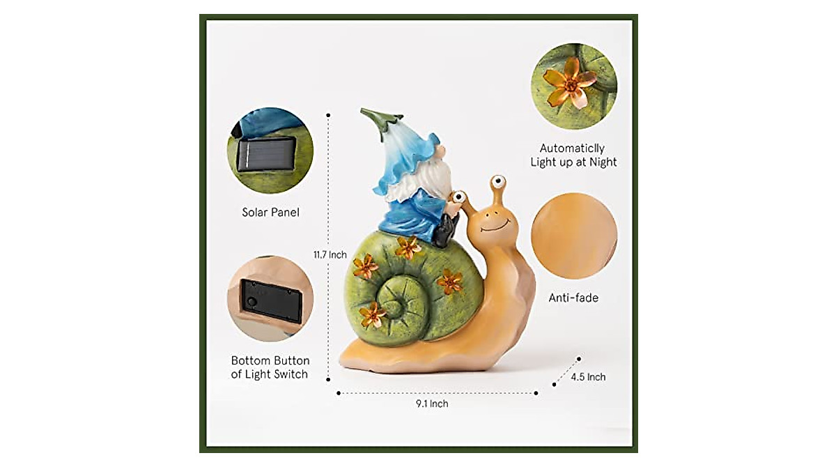 LA JOLIE MUSE Garden Gnome Snail Statue with Solar Lights