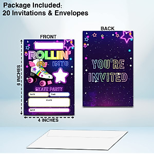 NYCTUG Roller Skating Theme Birthday Invitation, 4 x 6 Inch, 20 Pack, Heavy Weight Coated Paper, Advanced Printing Technology