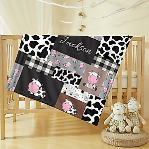 Munific Personalized Cow Print Baby Blanket with Name - Custom Boy's Girl's Cartoon Cute Cow Milk Nursery Theme - Toddler Minky Blankets - Personalized Name Plaid Quilt Style Blanket