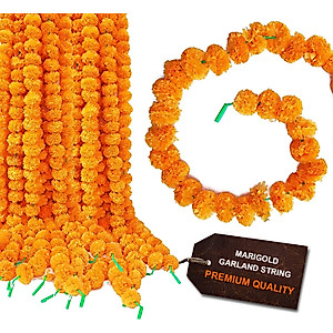 SATVIK 6 PC (5feet/60 inch) Artificial Marigold Flowers Garland for Puja Indian/American Indoor/Outdoor Party Decoration for Diwali, Christmas, Wedding, Halloween, Mantle, Spring Bush Faux Orange