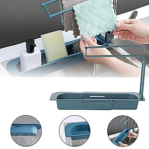 Kitchen Sink Organizer,Telescopic Sink Holder, Expandable Dish Caddy Sponge Soap Drying Rack, Drain Basket Tray Caddy Shelf Organizer Scrubber and Adjustable Hanger with Towel Bar
