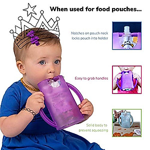 Squeeze Proof Flipping Holder for Food Pouches & Juice Boxes - Universal Multipurpose Design - Prevent Messes & Support Self-Feeding - Curved Handles for Easy Grasping - Food Safe - Blue (Blue)