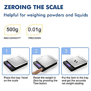 KitchenTour Digital Kitchen Scale - 500g/0.01g High Accuracy Precision Multifunction Food Meat Scale Jewelry Lab Carat Powder Scale with Back-Lit LCD Display(Batteries Included)