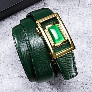 Barry.Wang Mens Green Belt Fashion Emerald Buckle Genuine Leather Ratchet Automatic Belt Luxury Gift St.Patrick's Day