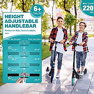 BELEEV V5 Scooters for Kids 6 Years and up, Folding Kick Scooter 2 Wheel for Adults Teens, 4 Adjustable Handlebar, 200mm Big Wheels, Lightweight Sports Commuter Scooter, up to 220lbs(Auqa)