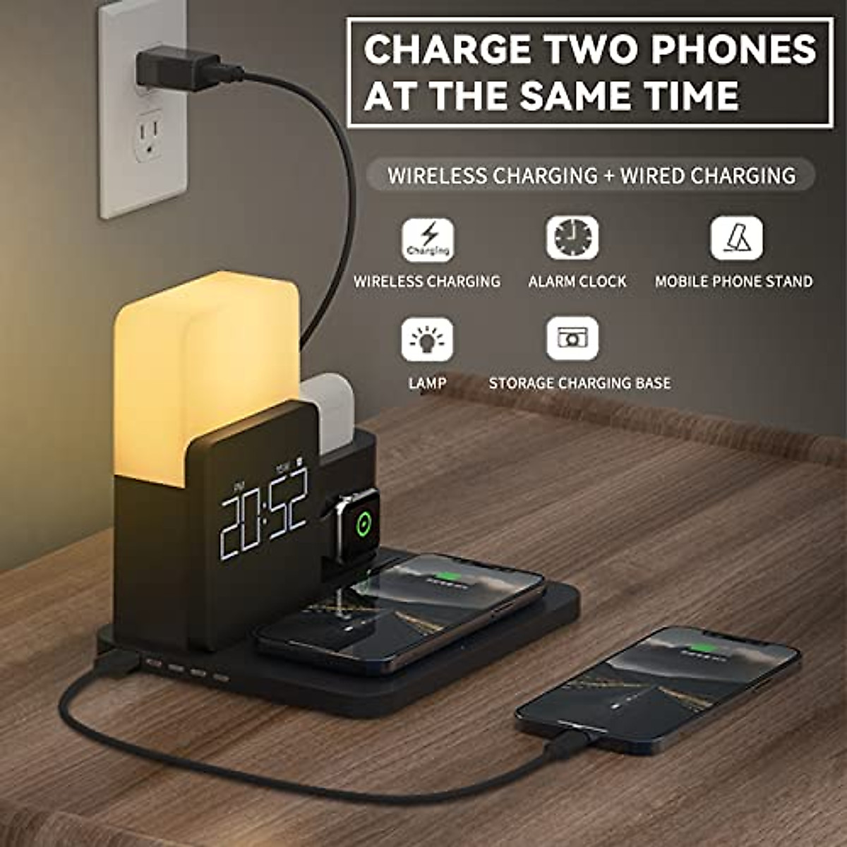Wireless Charger,3 in 1 Fast Charging Station with Digital Alarm Clock and Night Light,Compatible for iPhone 13/13 Pro/12/12Pro Max/11 Series/XS Mas/XR/XS/8/8 Plus/iwatch/AirPods/Samsung Galaxy