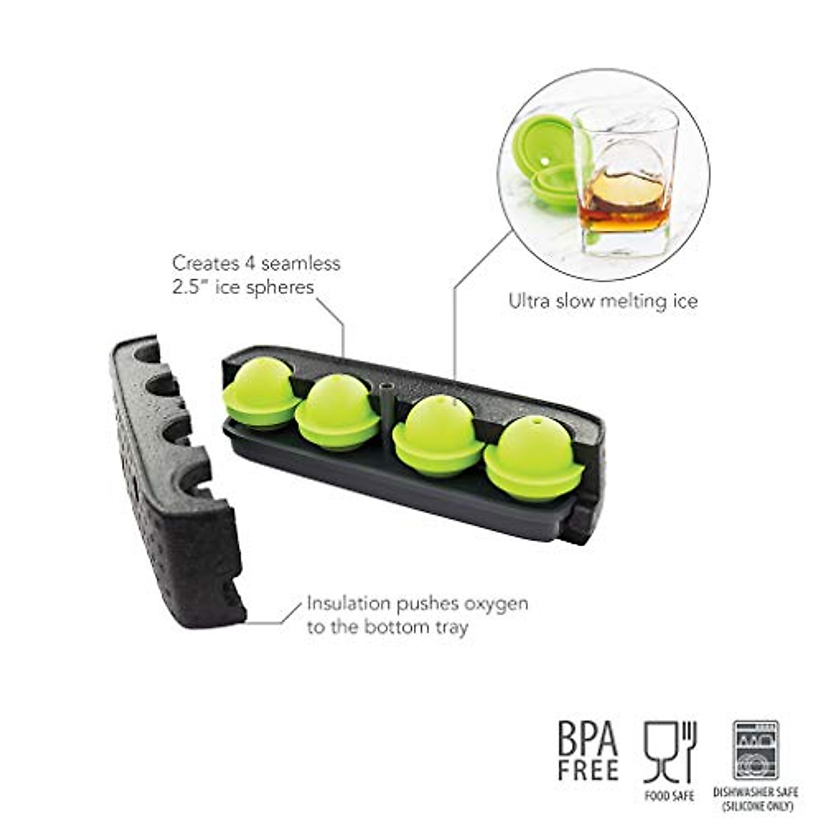 Tovolo Seamless Sphere Ice System, Compact, 2.5 Inch Crystal Clear Spheres - Set of 4 Molds,Black