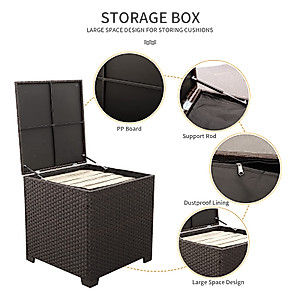 WAROOM 5 Pieces Patio Furniture Set PE Wicker Outdoor Brown Rattan Sectional Sofa Loveseat Couch Conversation Chair with Storage Bin Coffee Table and Propane Fire Pit, Anti-Slip Khaki Cushion