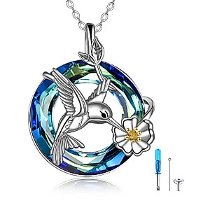 POPLYKE Hummingbird Urn Necklace for Women Ashes Sterling Silver Bird Pendant Cremation Ashes Necklace with Blue Crystal for Human Pets (blue)