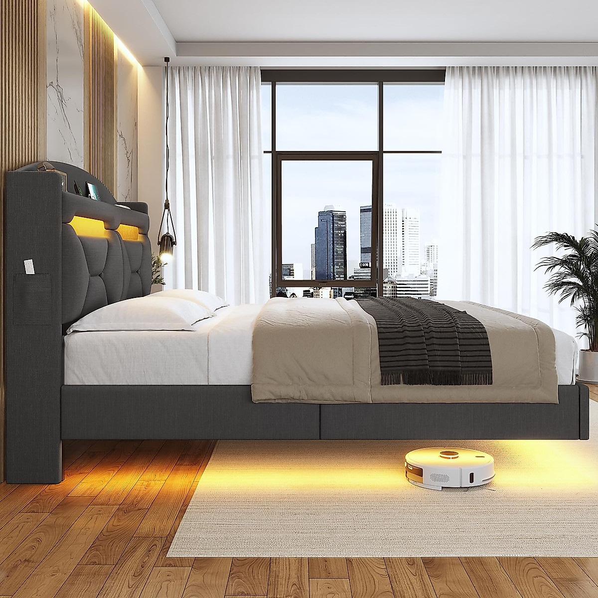 ADORNEVE Queen Floating Bed Frame with USB-C/A Charging Station, LED Bed Frame with Storage Headboard, Upholstered Platform Queen Bed with Shelves, Hidden Storage, Stable Structure,Dark Grey