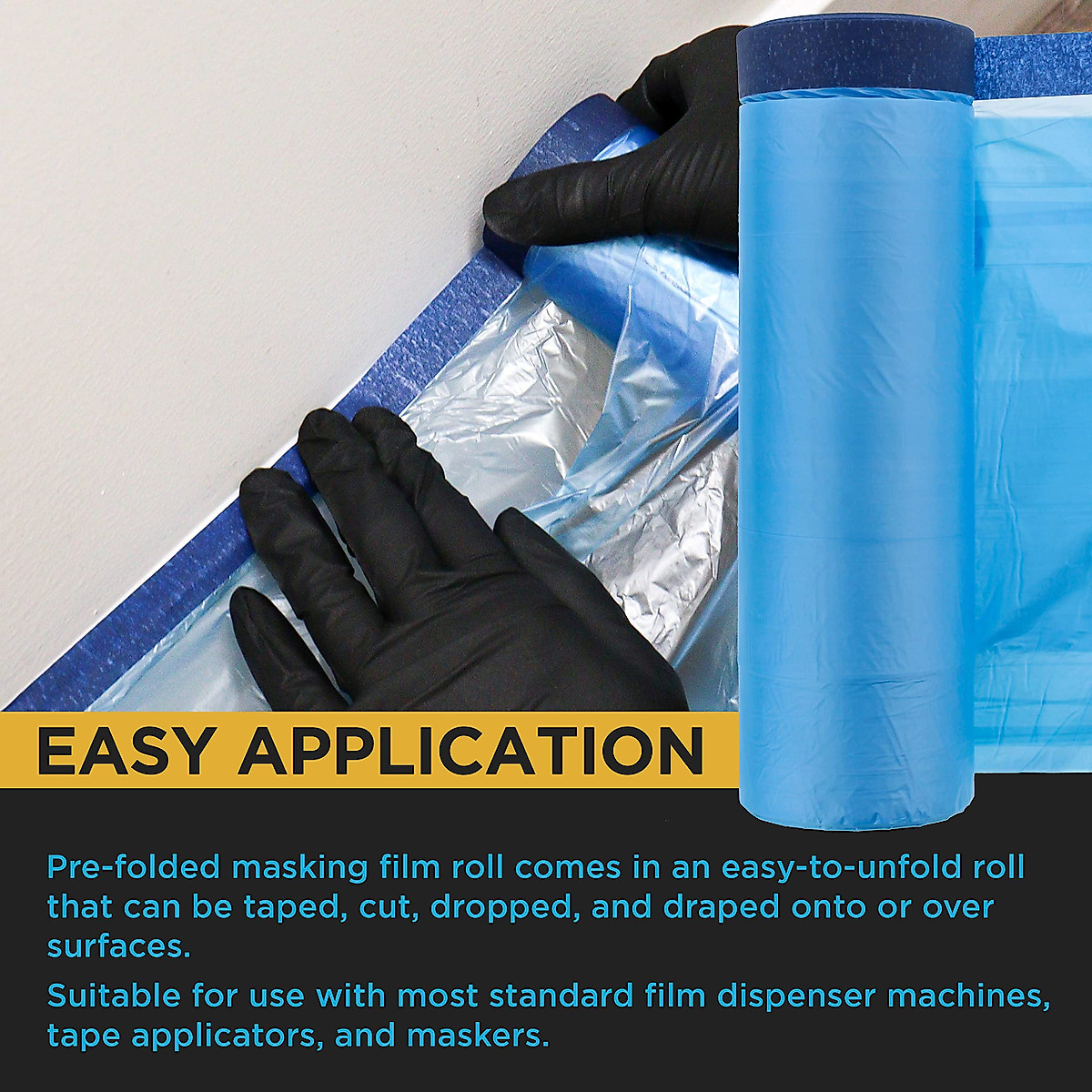 Dura-Gold 71" Wide x 65' Long Roll of Pure Blue Pre-Taped Masking Film, 3 Pack - Pre-Folded Overspray Paintable Plastic Protective Sheeting, Pull Down Drop Sheet - Auto Painting, Cover Walls Furniture