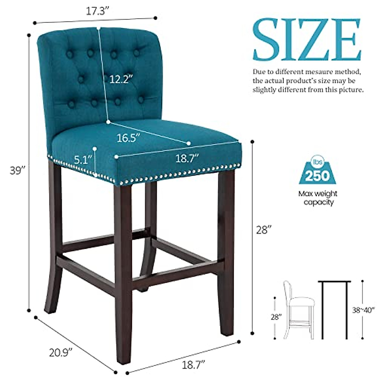 Brage Living 28 Inch Bar Stool, Linen Fabric Button Tufted Barstool with Back, Solid Wood Legs, Nailhead Trim, Upholstered Armless Bar Chair for Kitchen Dining Cafe (Lake Blue)