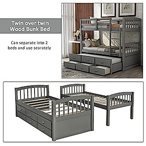 Harper & Bright Designs Twin Over Twin Bunk Bed with Trundle and Storage, Solid Wood Bunk Bed Frame with 3 Drawers for Kids, Teens, Adults (Gray)