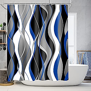 Nkzply 4 Pcs Blue and Black Striped Shower Curtain Set Grey and White Bathroom Sets with Shower Curtain and Rugs Modern Home Bathroom Decor Shower Curtains with Rugs and Toilet Lid Cover