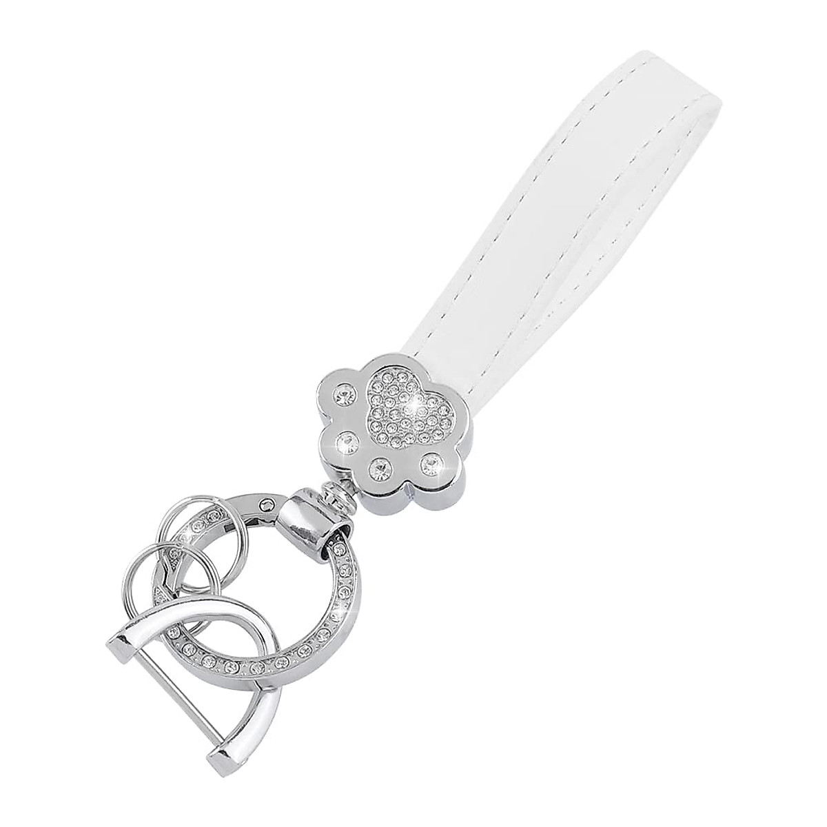 UHONSN Bling Leather Car Keychain Cute Cat Paw Keychains for Women Girl Anti-Lost Car Key Fob Key Chain Holder for Men Sparkly Rhinestones Zinc Alloy Keyrings White