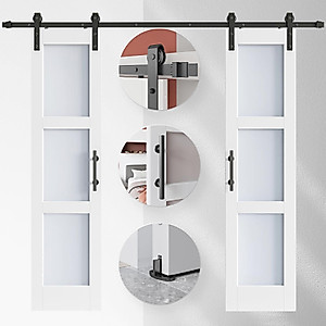 EaseLife 42in x 84in (Double 21in×84in Door) Glass Barn Door with 7FT Sliding Double Door Hardware Kit Included & Handle,Solid MDF Inside Covered with Water-Proof PVC Surface,3-Panel Glass,White