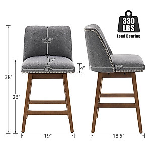 SENYUN Swivel Bar Stools Set of 4, 26" Counter Height Bar Stools with Back, Linen Fabric Upholstered Seat Barstool with Wooden Base for Kitchen Island Dining Room Pub
