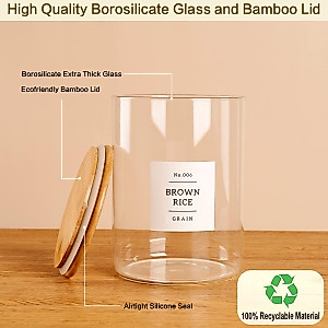 3 Pcs Glass Canisters with Airtight Bamboo Lids and 42 Kitchen Pantry Labels Preprinted - Clear Glass Flour and Sugar Storage Container Set - Large Glass Jars with Wood Lids(100 OZ/54 OZ/27 OZ)