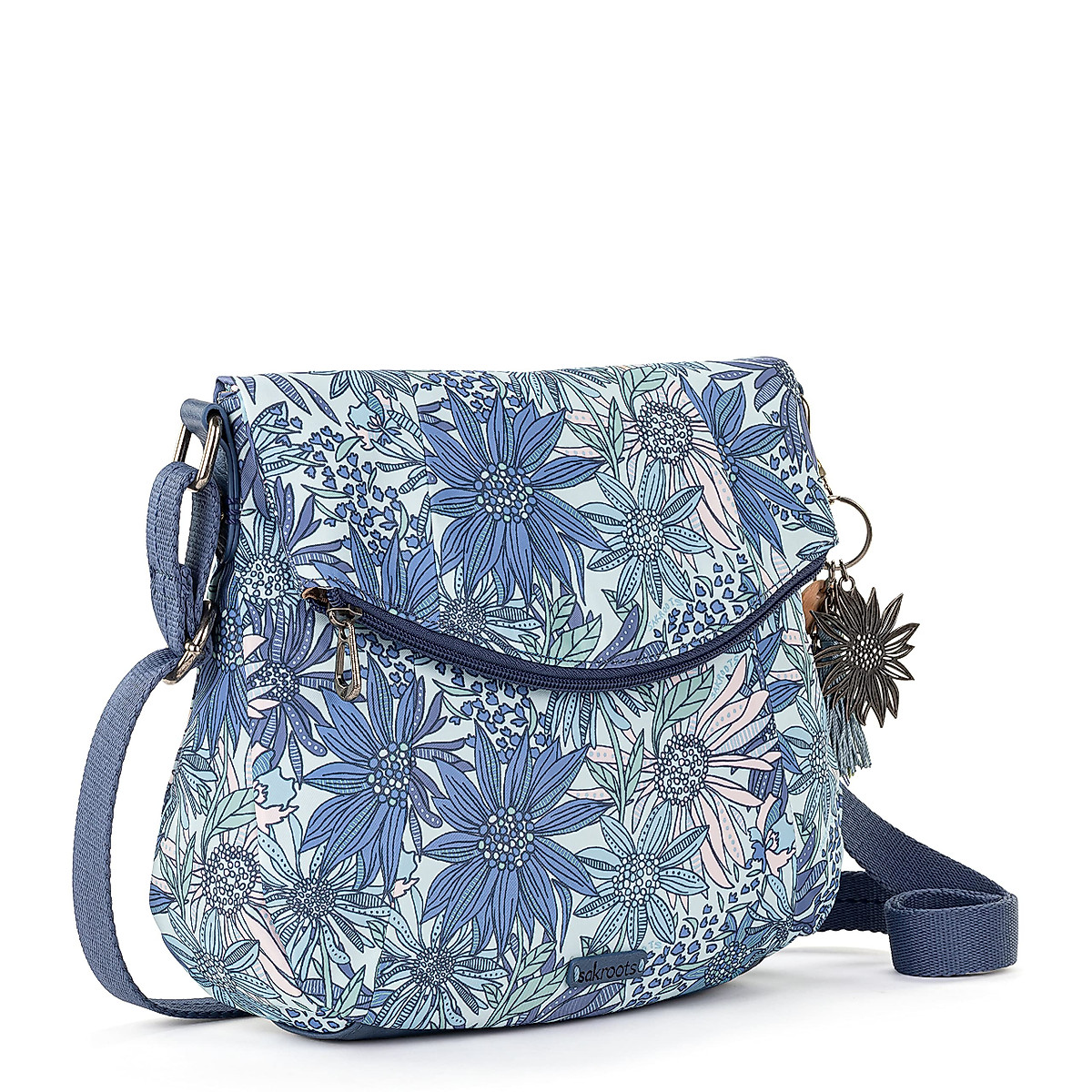 Sakroots Foldover Crossbody Bag in Eco-Twill with Adjustable Strap, Denim Flower Garden