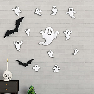 Halloween Ghost Wall Decor 24 Pcs 3D Cute Ghost Stickers Set Halloween Decorations Reusable Self-Adhesive White Ghost Wall Decals Halloween Party Supplies for Gothic Home Window Door Wall Room Decor
