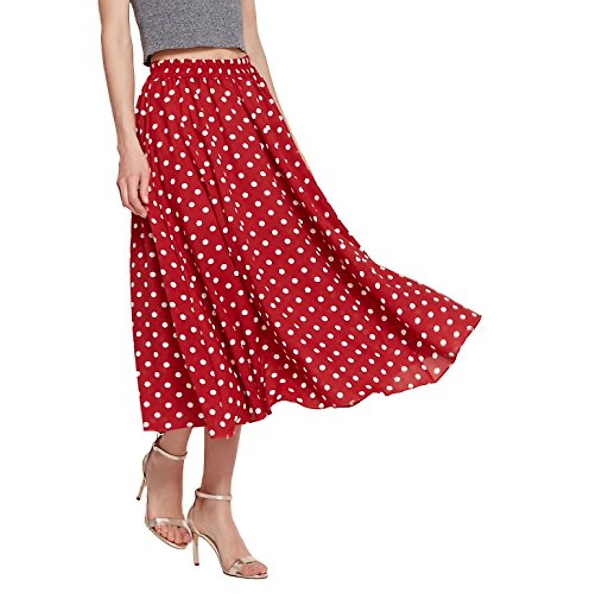 CHARTOU Women's Casual Contrast Polka Dot Chiffon Bohemia Swing Beach Midi A-Line Skirts (Small, Red)
