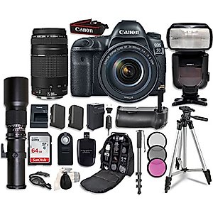 Canon EOS 5D Mark IV Digital SLR Camera Bundle with EF 24-105mm f/4L is II USM Lens + Canon EF 75-300mm III Lens + 500mm Preset Lens + Professional Accessory Bundle (15 Items)