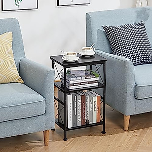 ruboka 3-Tier Small End Table, Small Side Table with Storage Shelf, Small Bookshelf with Metal Frame for Small Spaces, Nightstand, Bookcase, Display Rack for Bedroom, Living Room (Black)