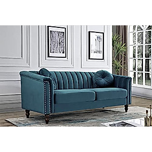 Container Furniture Direct Tufted Velvet Sofa with Removable Cushions and Turned Wood Legs, Elegant Living Room Furniture for The Modern Home, 75.2 Inch Couch, Blue Green