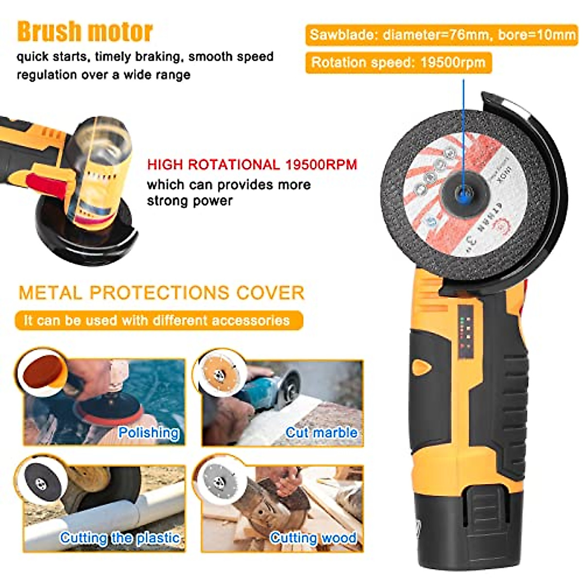 Angle Grinder, Geevorks Mini Angle Grinder 12V 19500RPM, Electric Grinding Tool for Cutting Polishing Ceramic Tile Wood Stone Steel, with 2 Cutting Disc/2PCS 1200mAh Battery