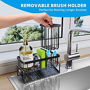 Sponge Holder for Kitchen Sink - Rustproof Sink Caddy with Brush Holder, Self-Drainage Kitchen Sink Organizers and Storage Dish Soap Dispenser Home Essentials Organization Accessories, Black