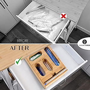 Night Tree Plastic bag storage organizer - Ziplock Sandwich bag organizer for kitchen plastic bag storage or Wall Mount - 5 in 1 Includes Plastic Wrap or Foil dispenser with Cutter